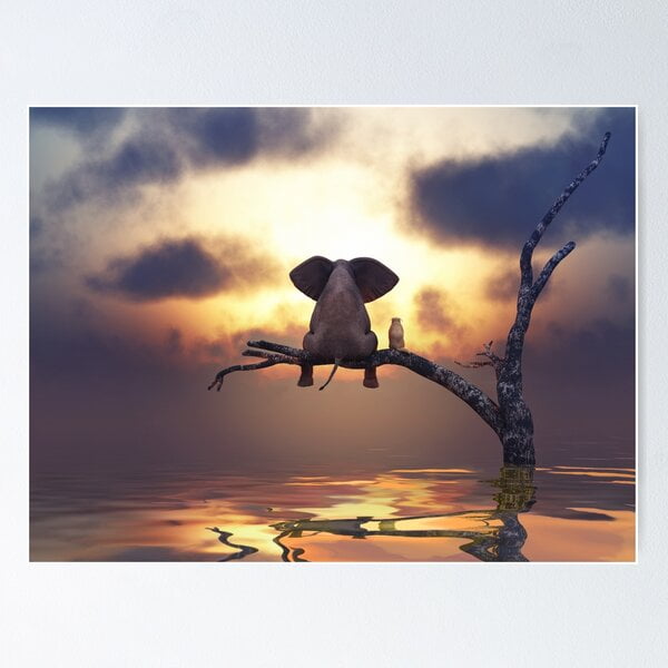 AatoeaX elephant and dog are sitting on a tree fleeing a flood Poster ...