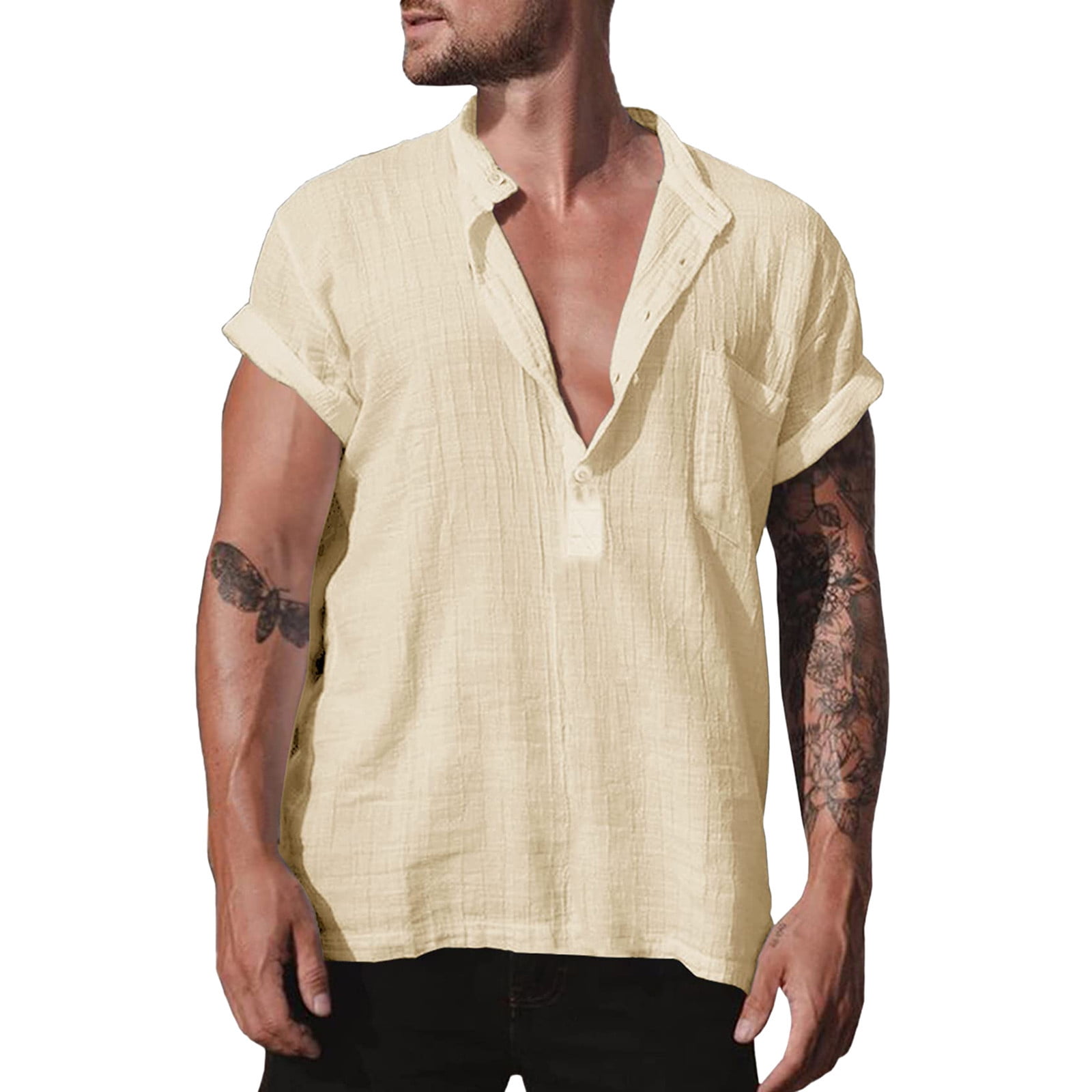 Aayomet Mens Cotton Linen Henley Shirt Summer Linen And Cotton Color ...