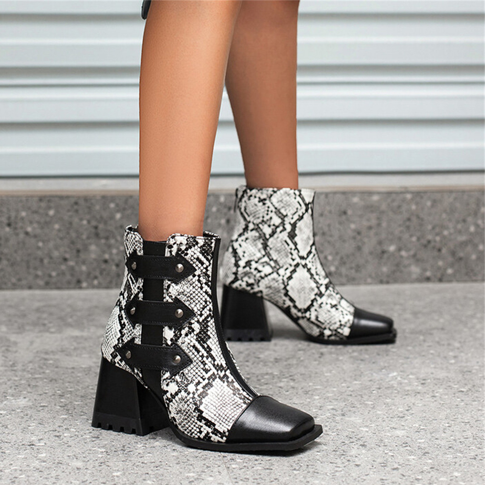 Aayomet Women Boots Colorblock Print Square Toe Back Zip High Heel ...