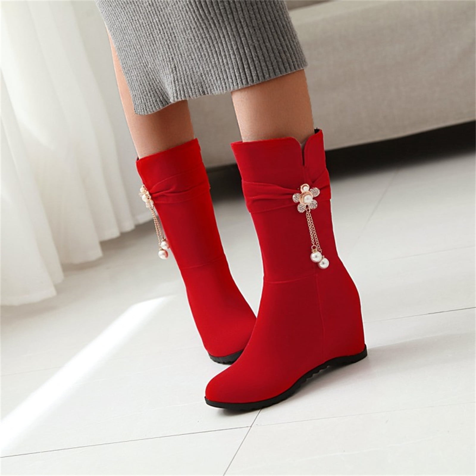 Aayomet Women Boots Solid Suede Pearl Flower Decorative Side Zipper ...