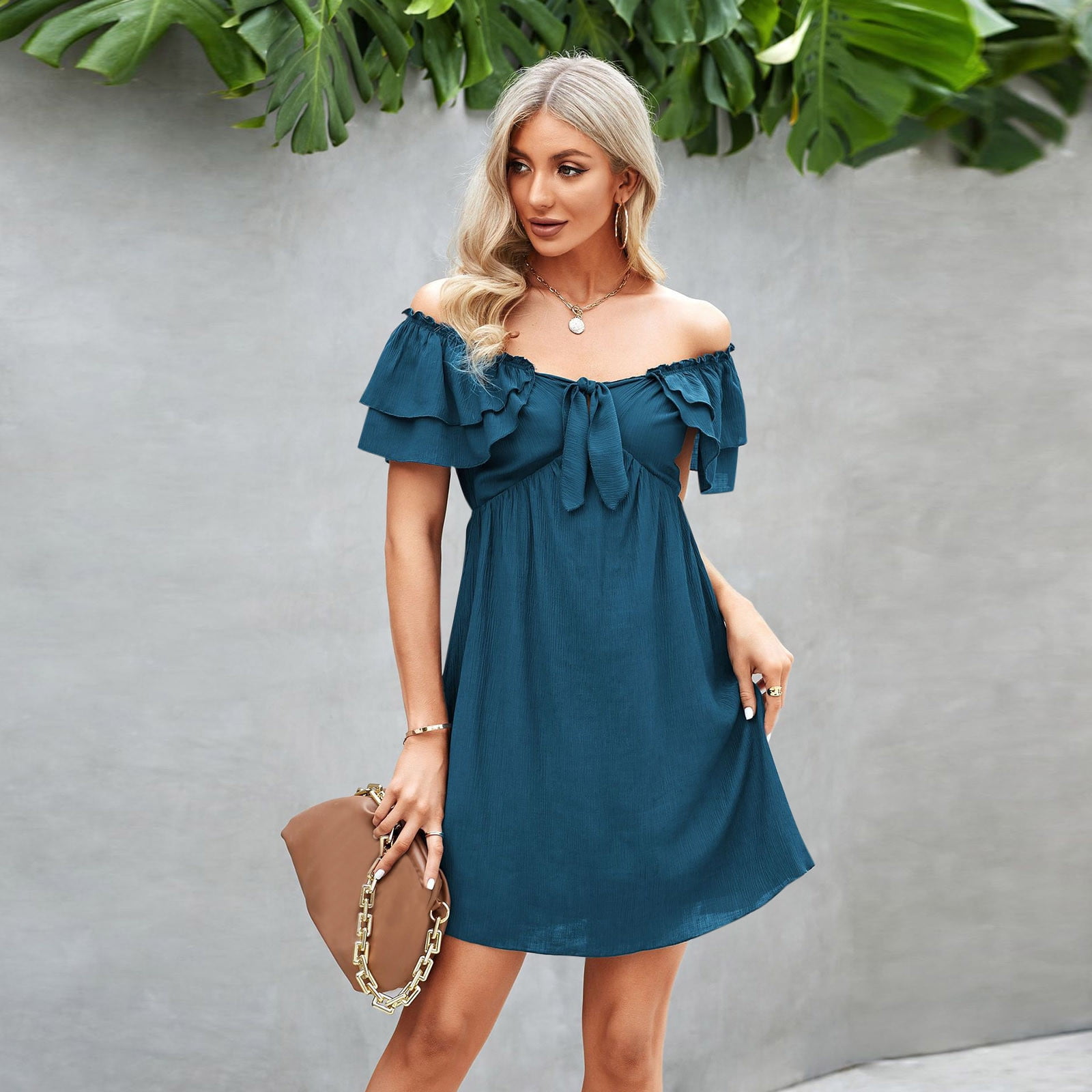 Aayomet Womens Summer Dresses Women Summer Ruffles Off Shoulder Solid ...