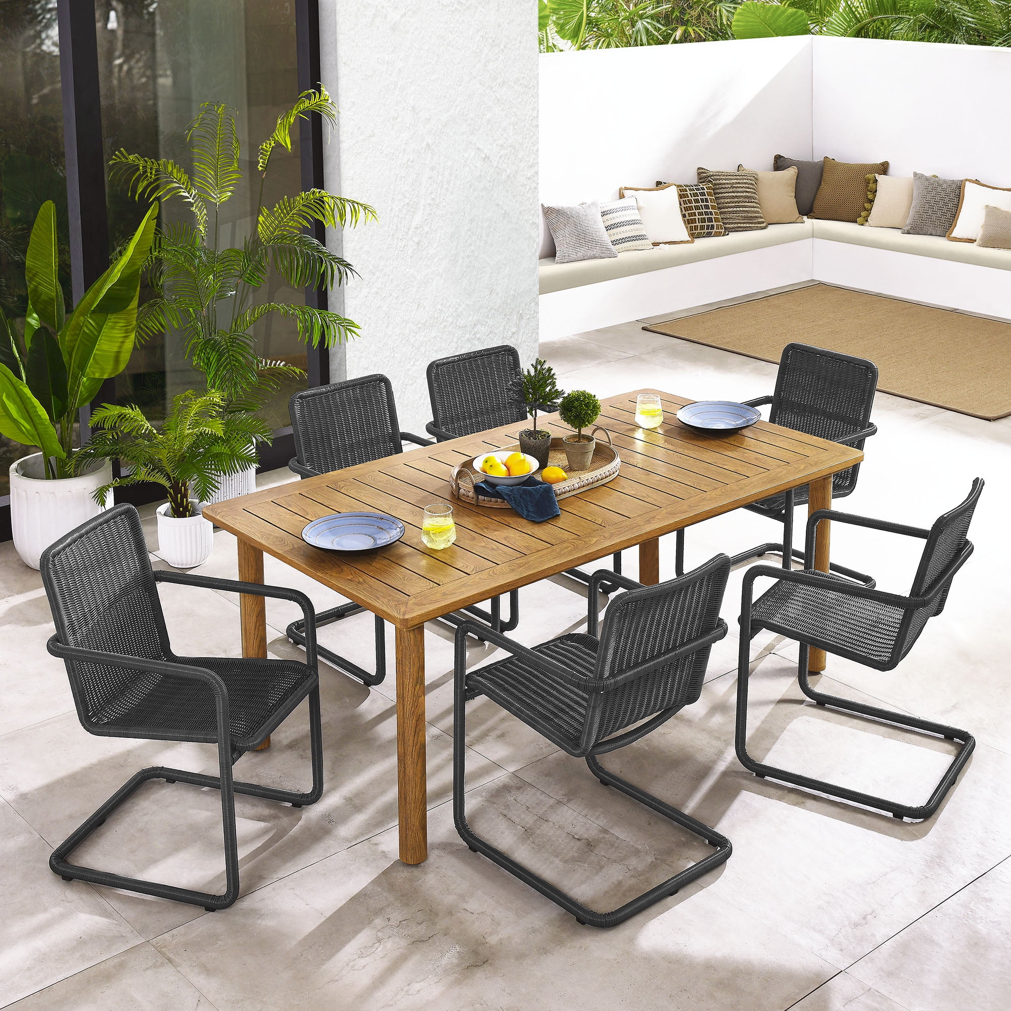 Abacus 7-Piece Dining Table Set with Rattan Armchairs in Slate Natural ...