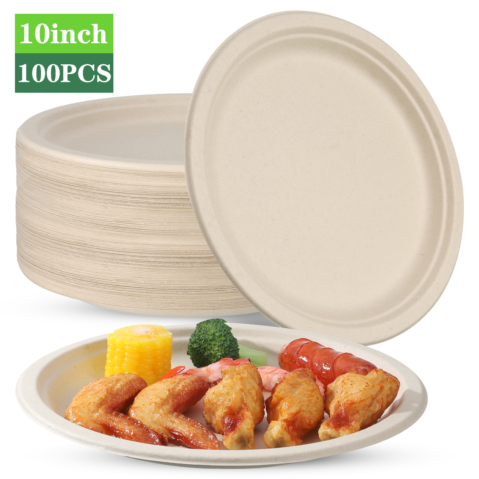 Abaima 100 Pack Paper Plates, 10 inch 100% Compostable Plates Heavy ...
