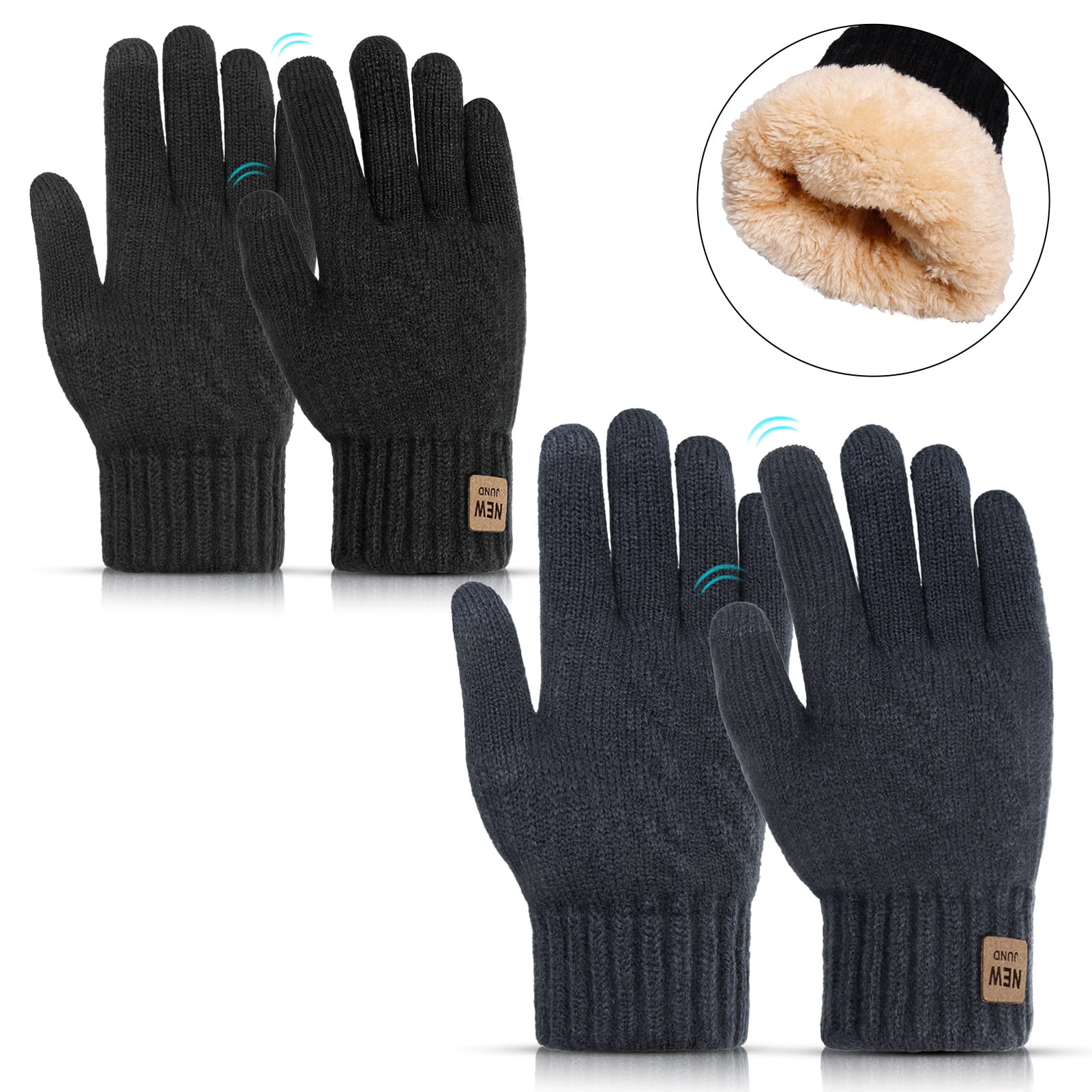 Abaima 2 Pairs Winter Wool Gloves for Men Women, Fleece Lined Knit ...