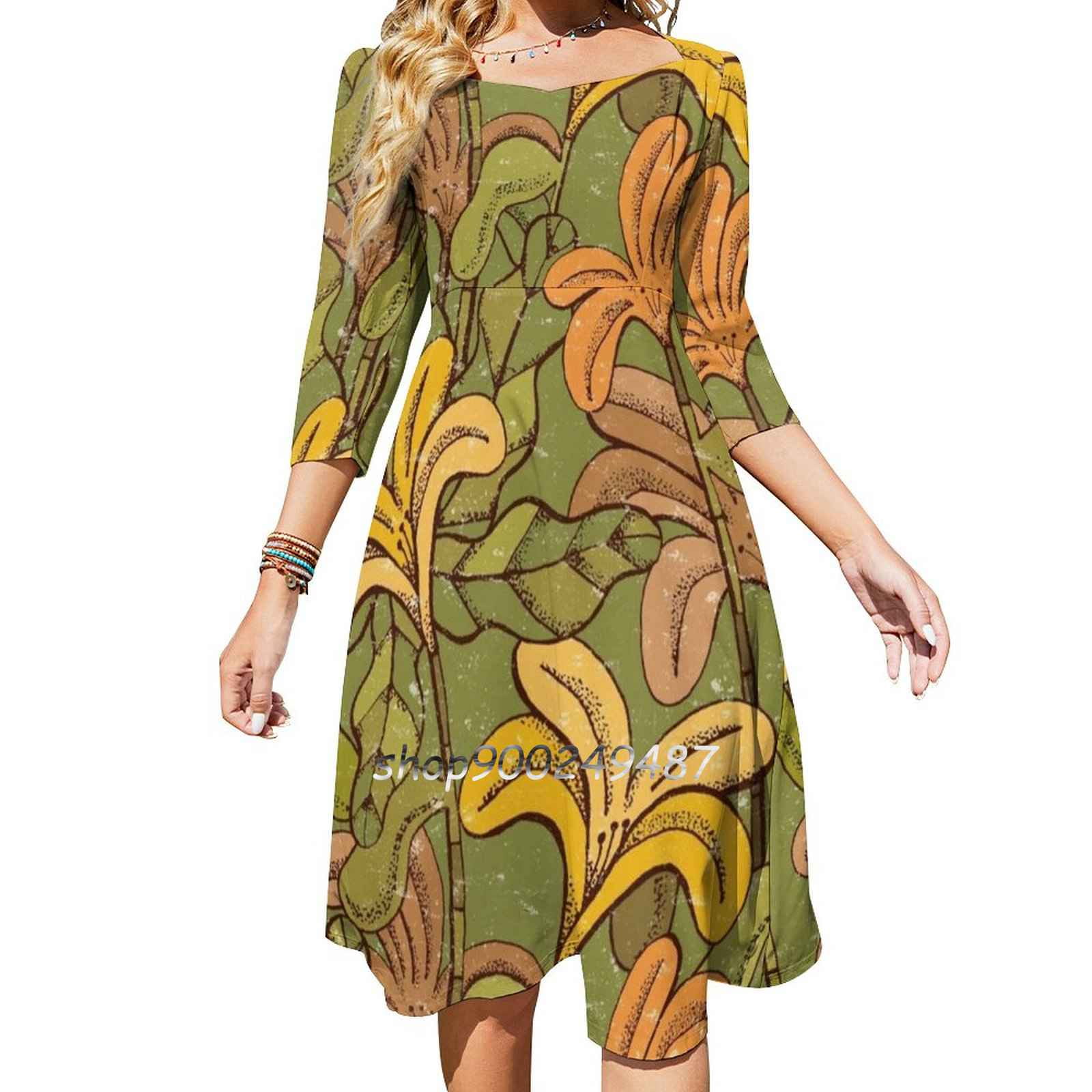 Abal Print Sweet Elegant Dress Women Korean Kawaii Square Collar Dress ...