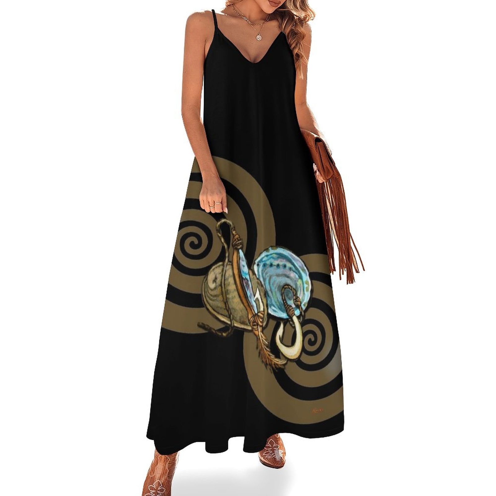 Abal with Historic Maori Fishing Sleeveless Dress dresses for women ...