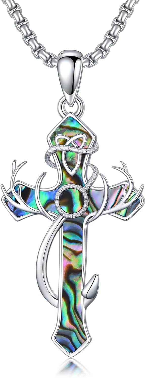 Abalone Cross Necklace for Men Cross Deer Antler Fish Hook Necklace 925 Sterling Silver Hunting ...