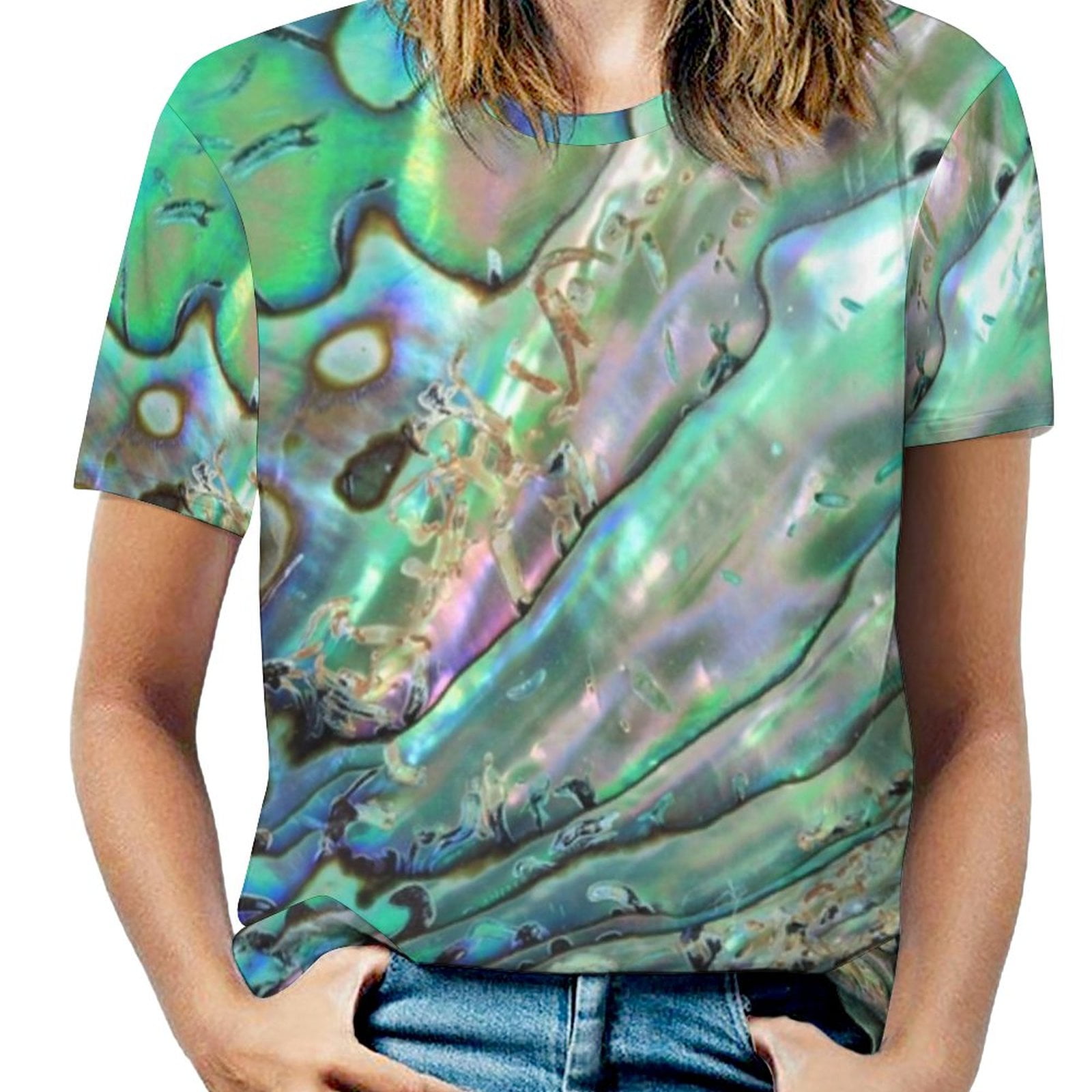 Abalone Print Lotus Leaf Neck T-Shirt Long Sleeve T-Shirts For Women ...