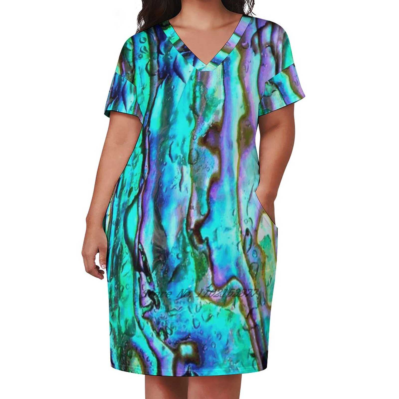 Abalone Shell Loose Pocket Dress Summer Sexy V Neck Dress Print Short Sleeve Dress Abalone Shell ...