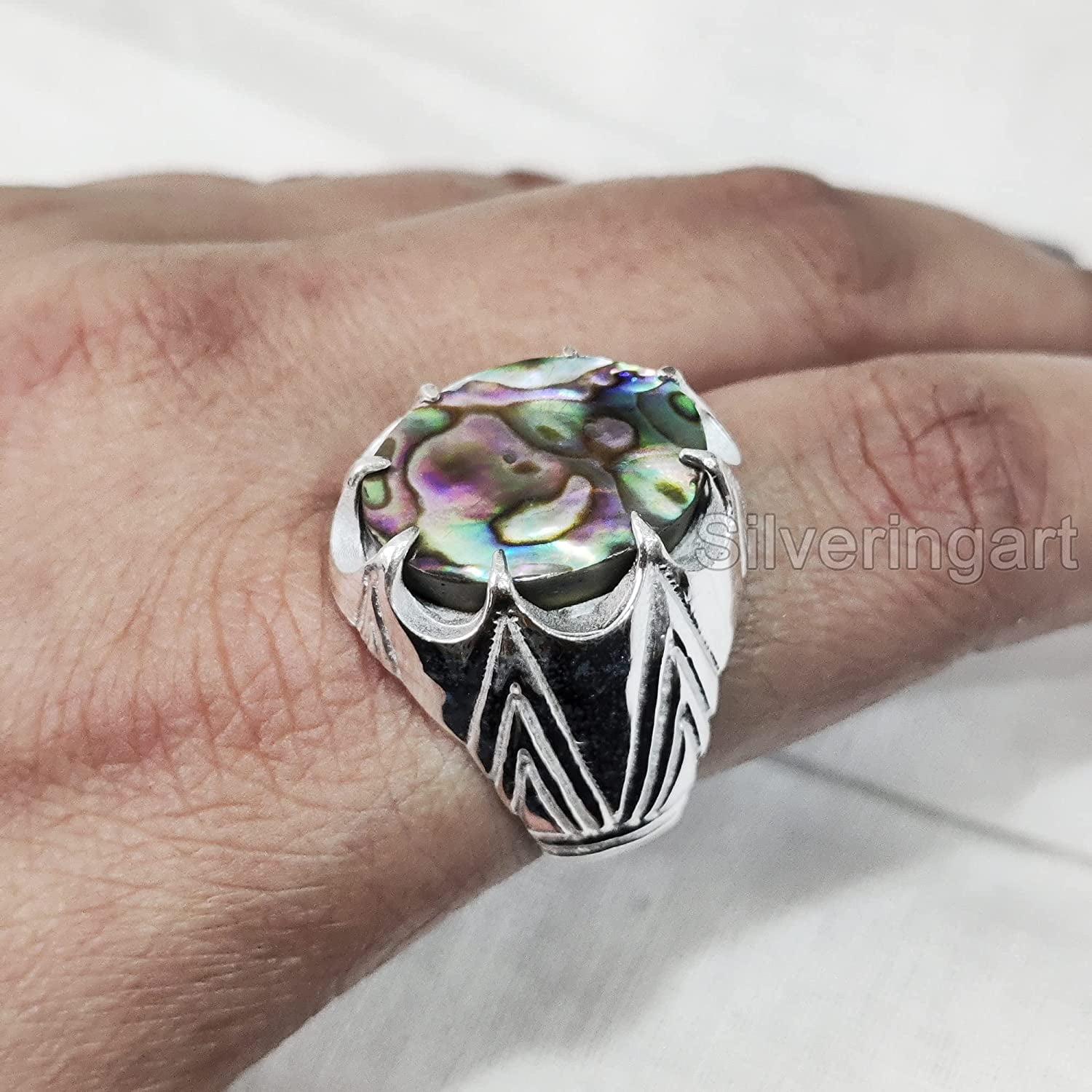 Abalone Shell Ring, Natural Flat Abalone Shell, Gents Ring, Silver ...