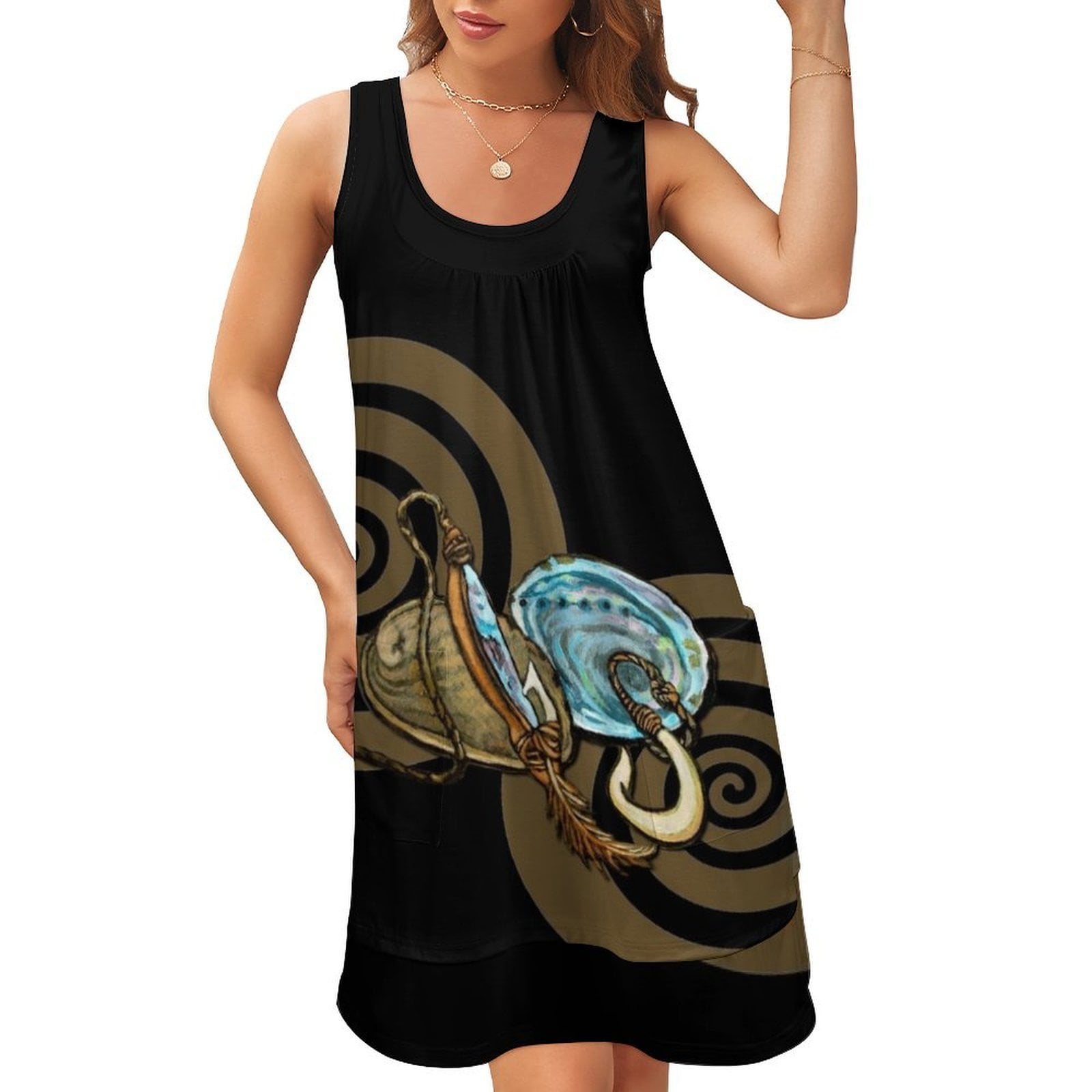 Abalone with Historic Maori Fishing Sleeveless U-Neck Fake Two Piece ...