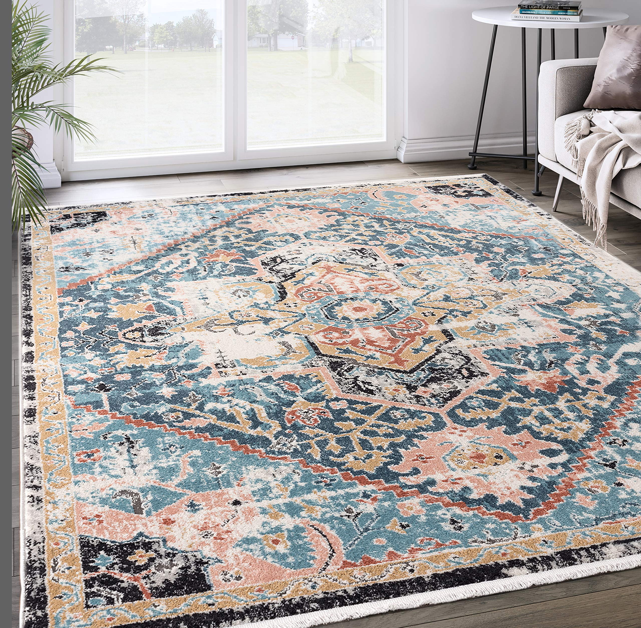 Abani Azure Collection Teal Black 5' x 8' Hexagon Medallion Vintage Rug ...