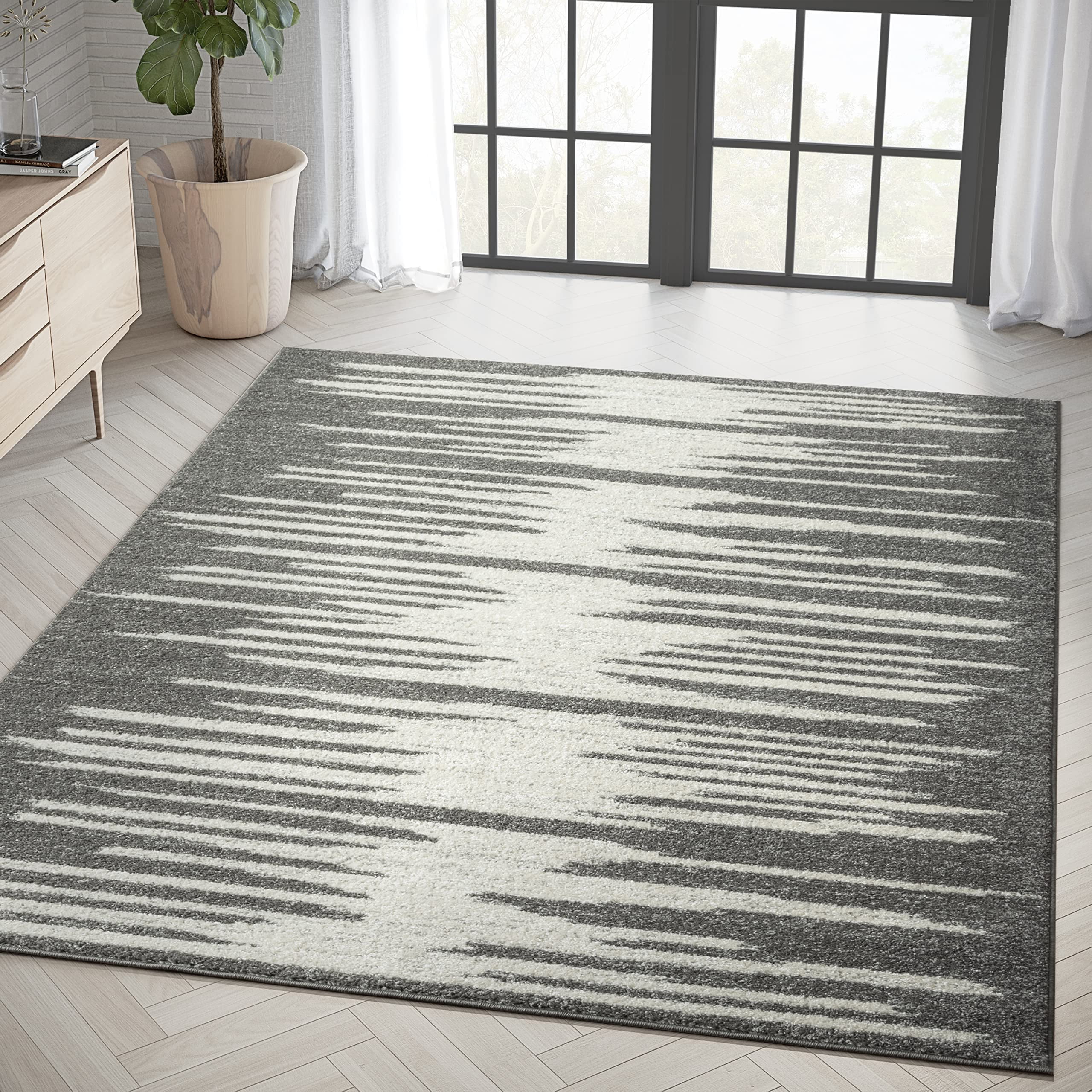 Abani Casa Collection Grey Cream 6' x 9' Jagged Streak Modern Rug ...