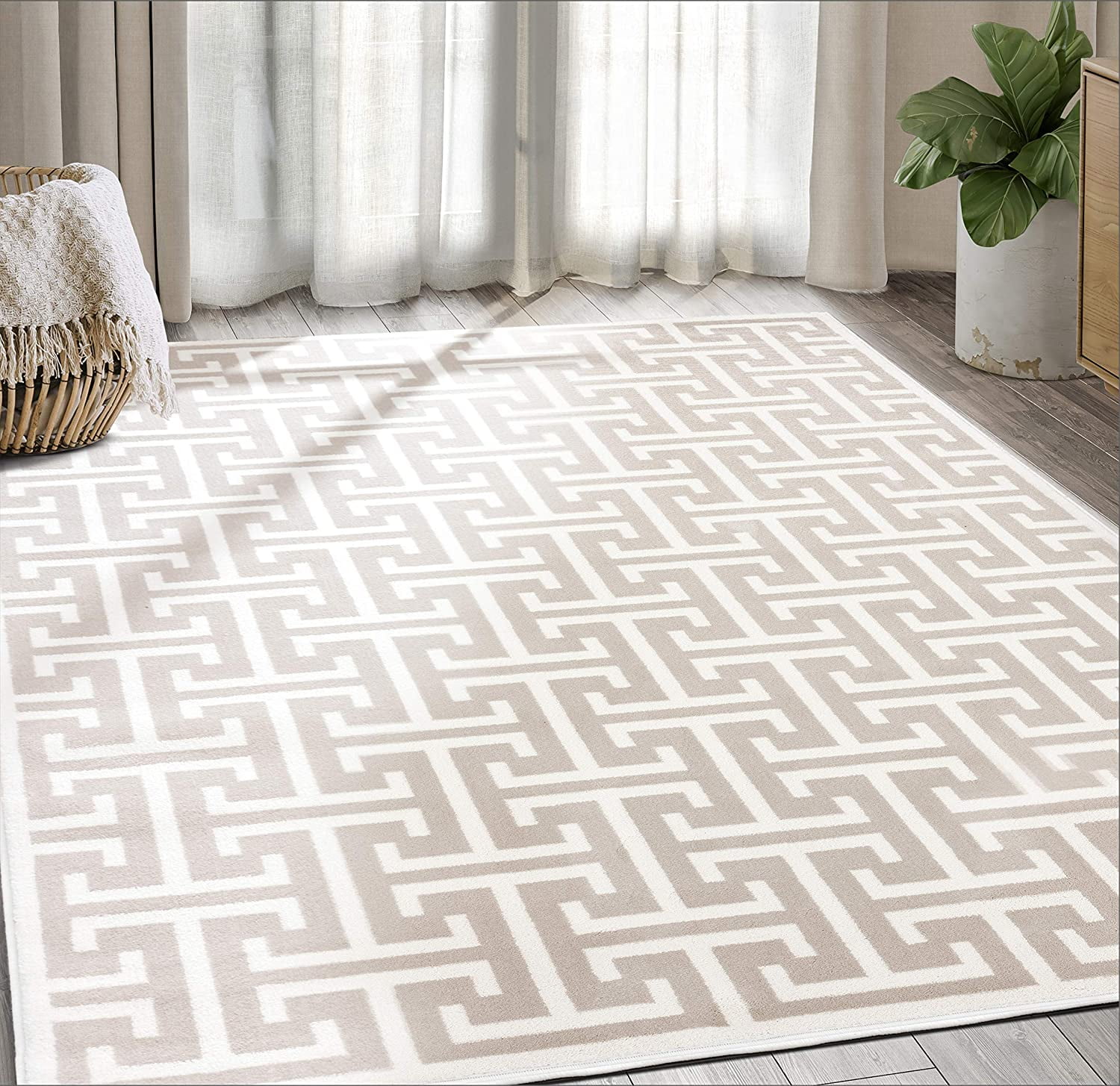 Abani Contemporary 3D Beige & White Modern Greek Key Pattern Area Rug ...