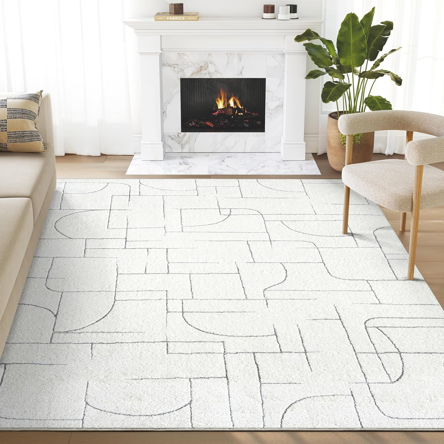 Abani Cozy Cream Area Rug for Living Room, Bedroom - Grey Linear Lines ...