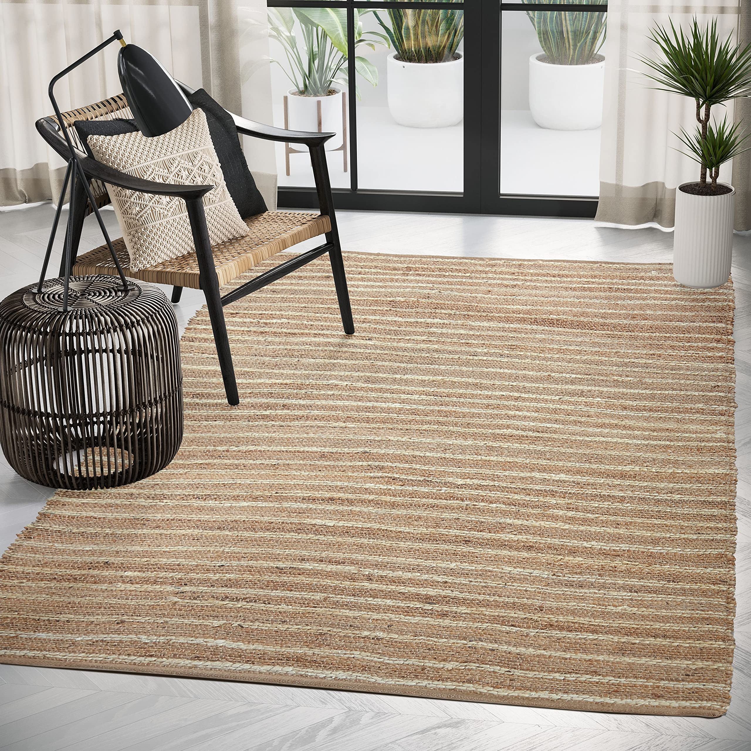 Abani Jute Collection Horizontal Stripes 6' x 9' Brown Beige Natural ...