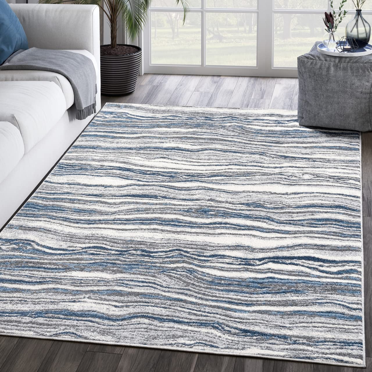 Abani Mist Collection Rippling Sand 5'3" x 7'6" Blue Grey Modern Area ...