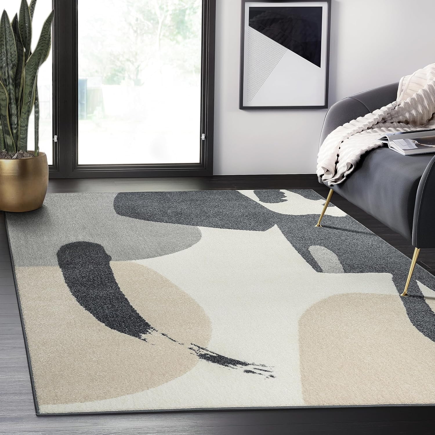 Abani Nuevo Collection Area Rug -Modern Ivory/Grey Artsy Design -6' x 9' - Easy to Clean ...