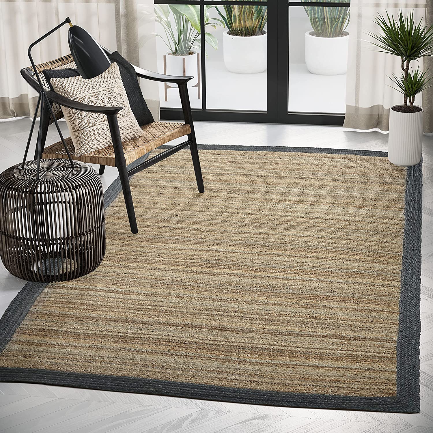 Abani Textured Braided All-Natural Jute Area Rug w/Black Border Rugs ...