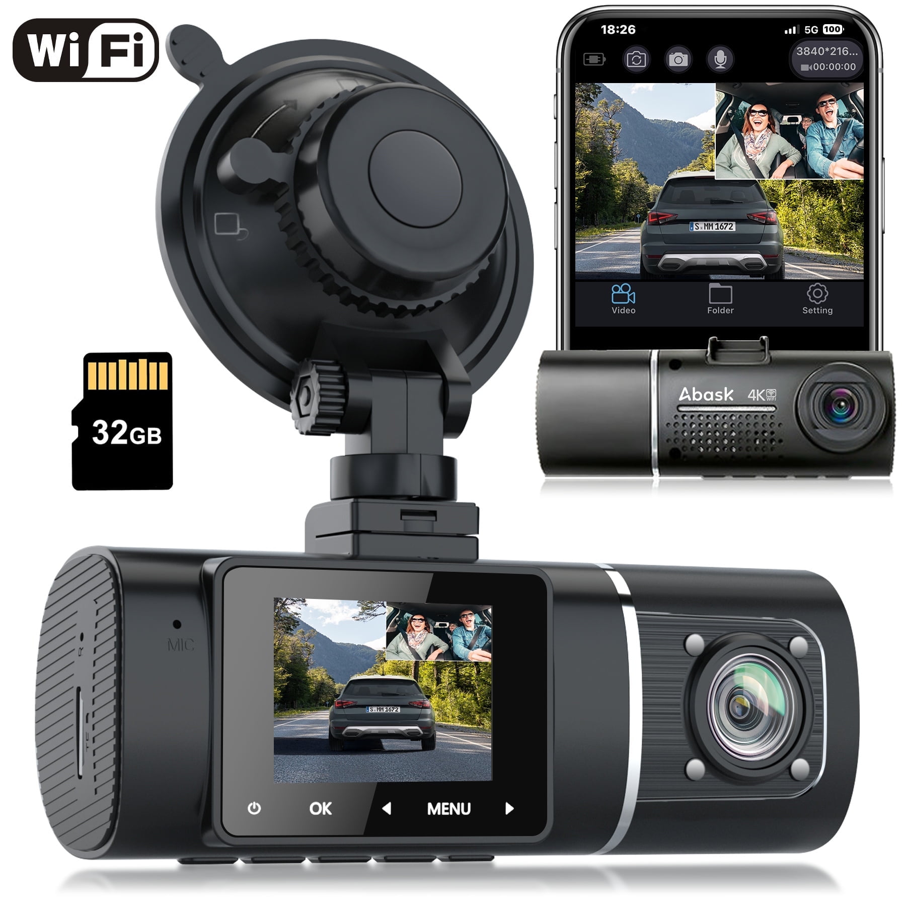 Abask J05 PRO DashCam 4K WiFi - Car Camera Front and Inside with ...