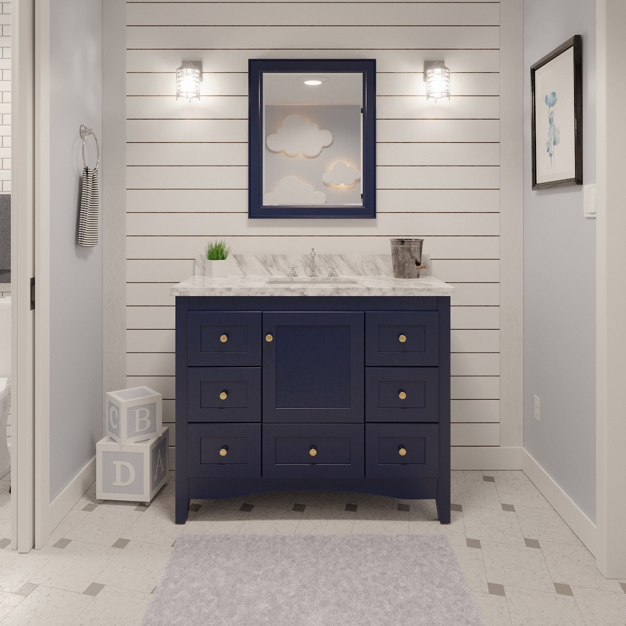 Abbey 42" Bathroom Vanity with Royal Blue Cabinet and Carrara Marble ...