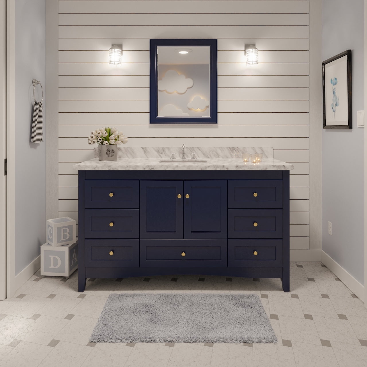 Abbey 60" Single Bathroom Vanity with Royal Blue Cabinet and Carrara ...