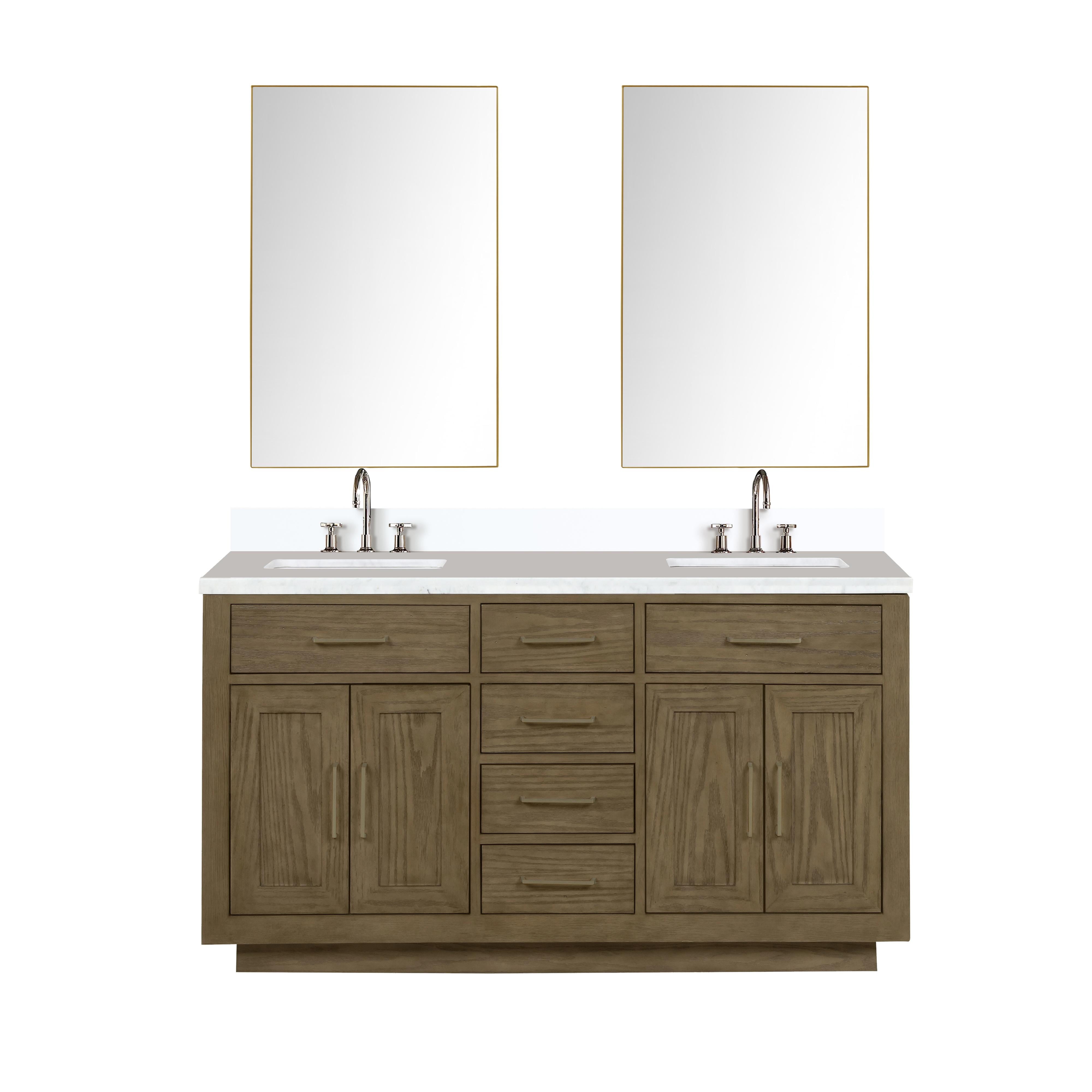 Abbey 60" W Grey Oak Double Vanity, Cultured Marble, Faucet Set and 28 ...