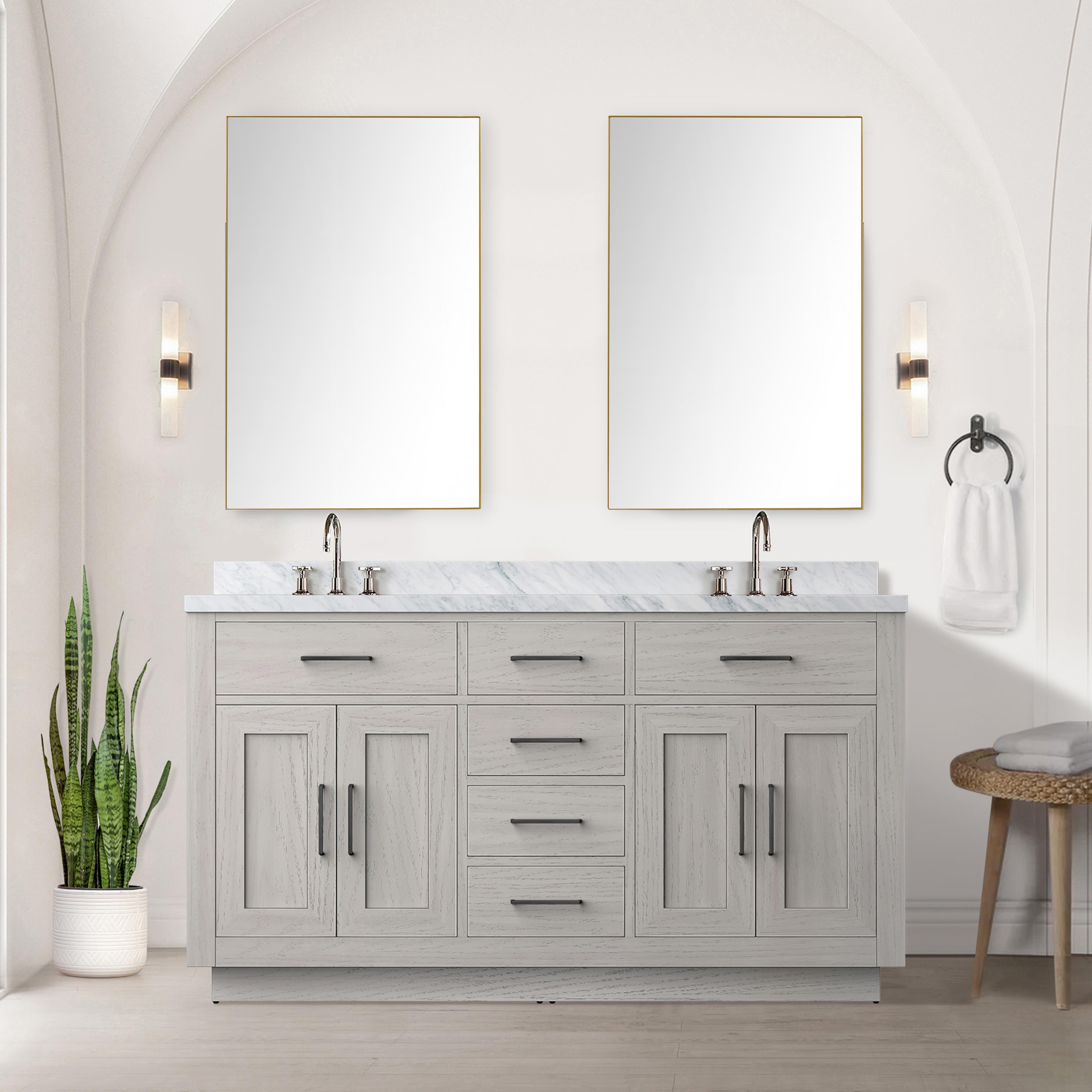 Abbey 60" W White Oak Double Vanity Carrara Marble Top and 55" Mirror ...
