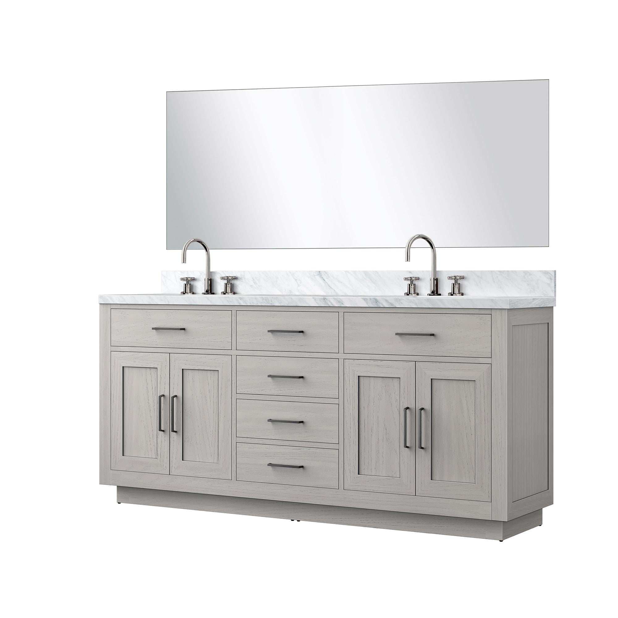 Abbey 72" W White Oak Vanity Carrara Marble Top, 70" Mirror and Faucet ...