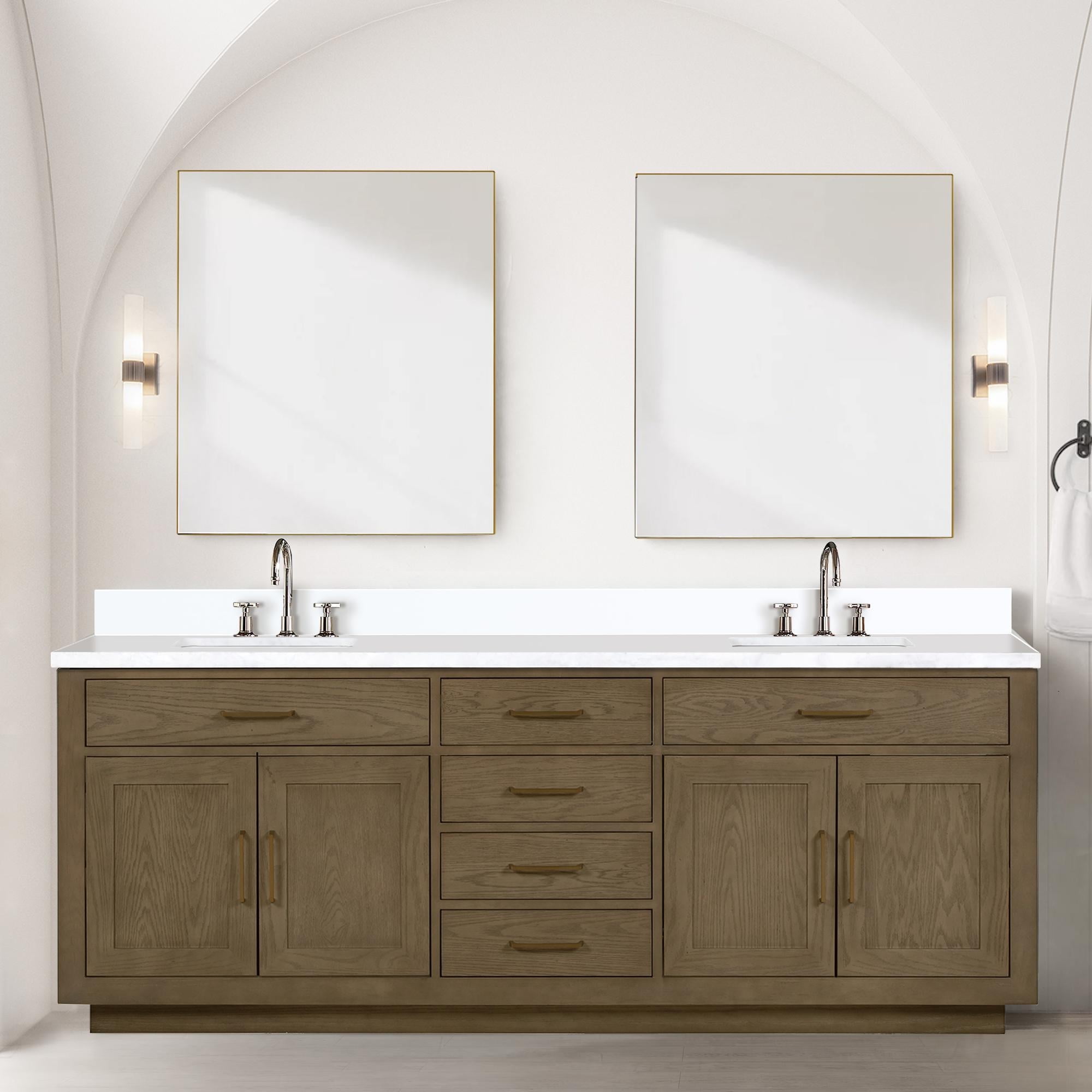 Abbey 84" W Grey Oak Double Vanity, Cultured Marble, Faucet Set and 36 ...