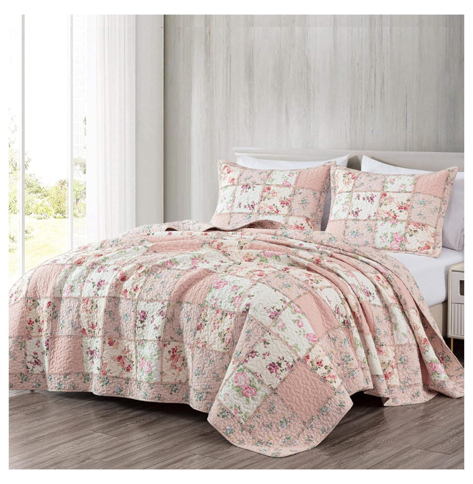 Abbi 3-Piece Pink Shabby Chic Bedding King Quilt Set Pre-Washed Cotton ...