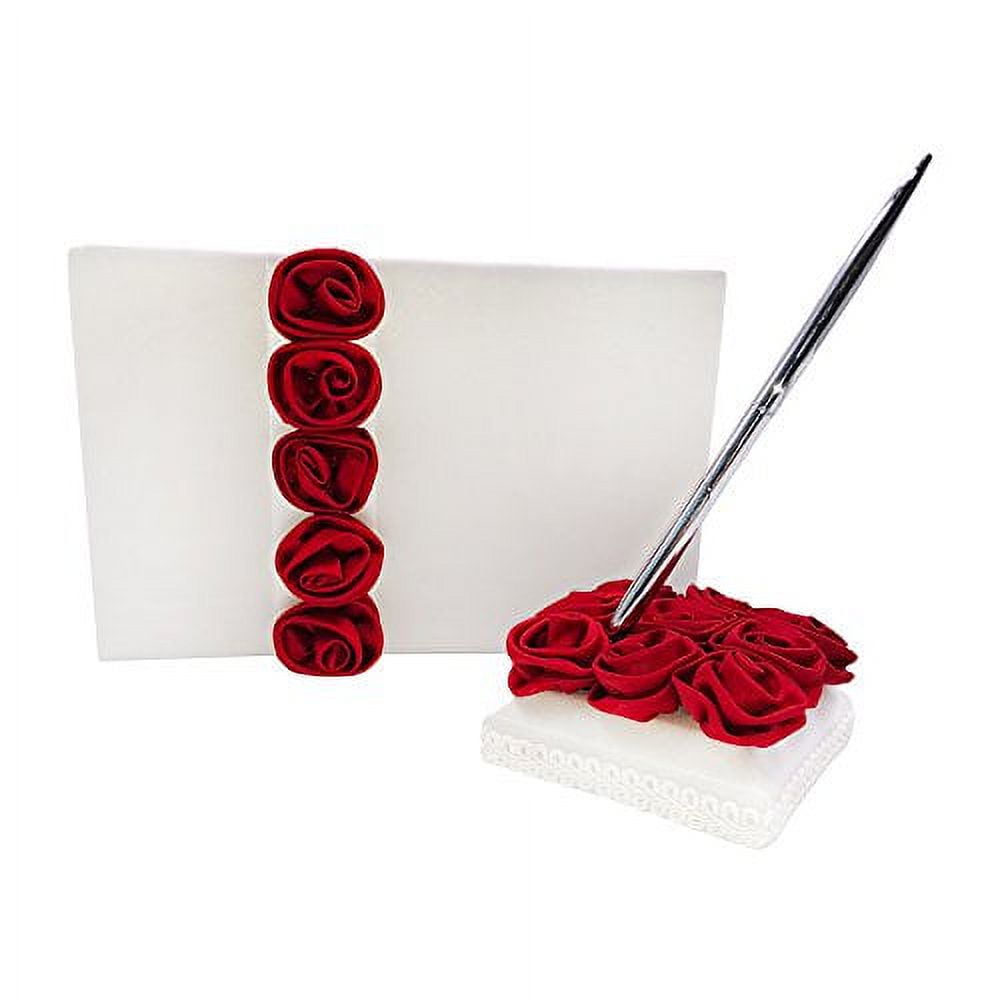 Abbie Home Satin Rose Decor Wedding Guest Book + Pen + Pen Stand ...