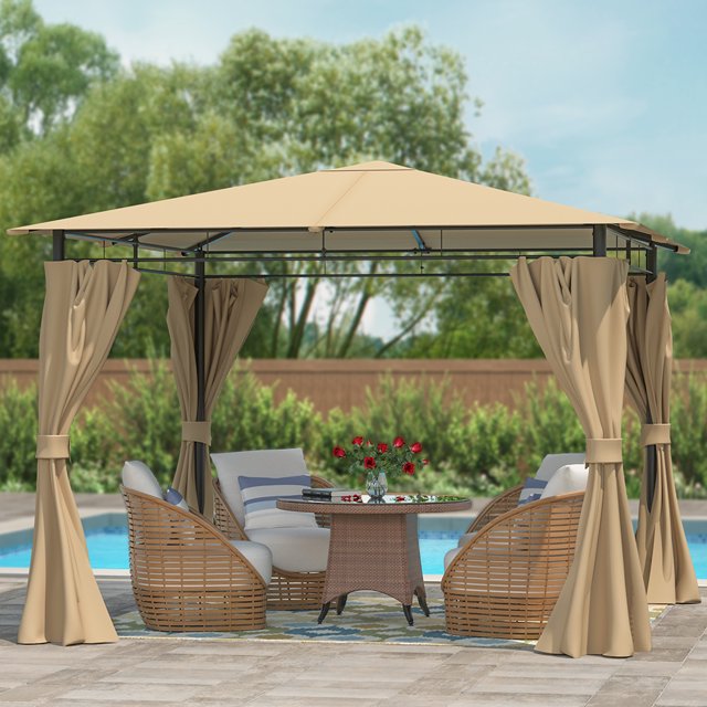 Abble 10ft. x 10ft. Steel Outdoor Patio Gazebo with Curtains Tan - Walmart.com