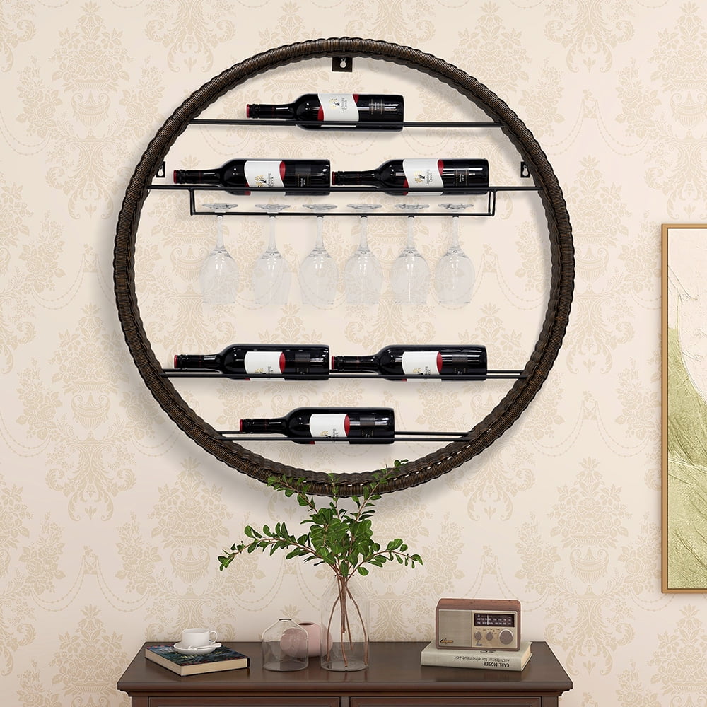 Abble 6 Bottle Wall Mounted Wicker Wine Bottle and Glass Rack - Walmart.com
