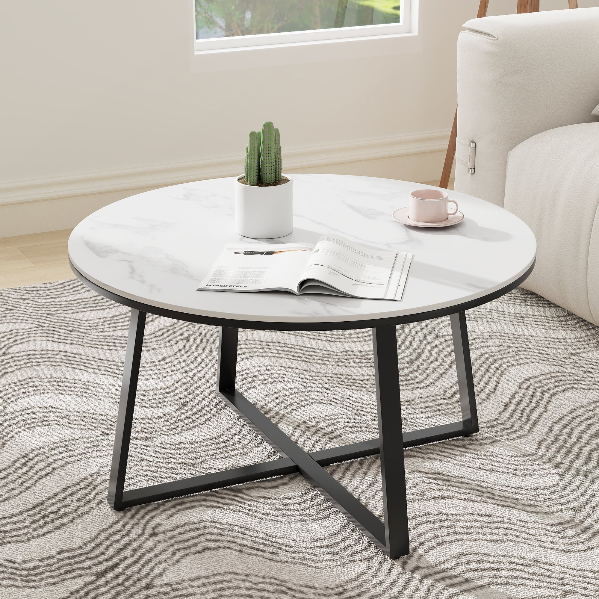 Abble 30" Round Sintered Marble Stone Top Coffee Table, Cocktail Table ...