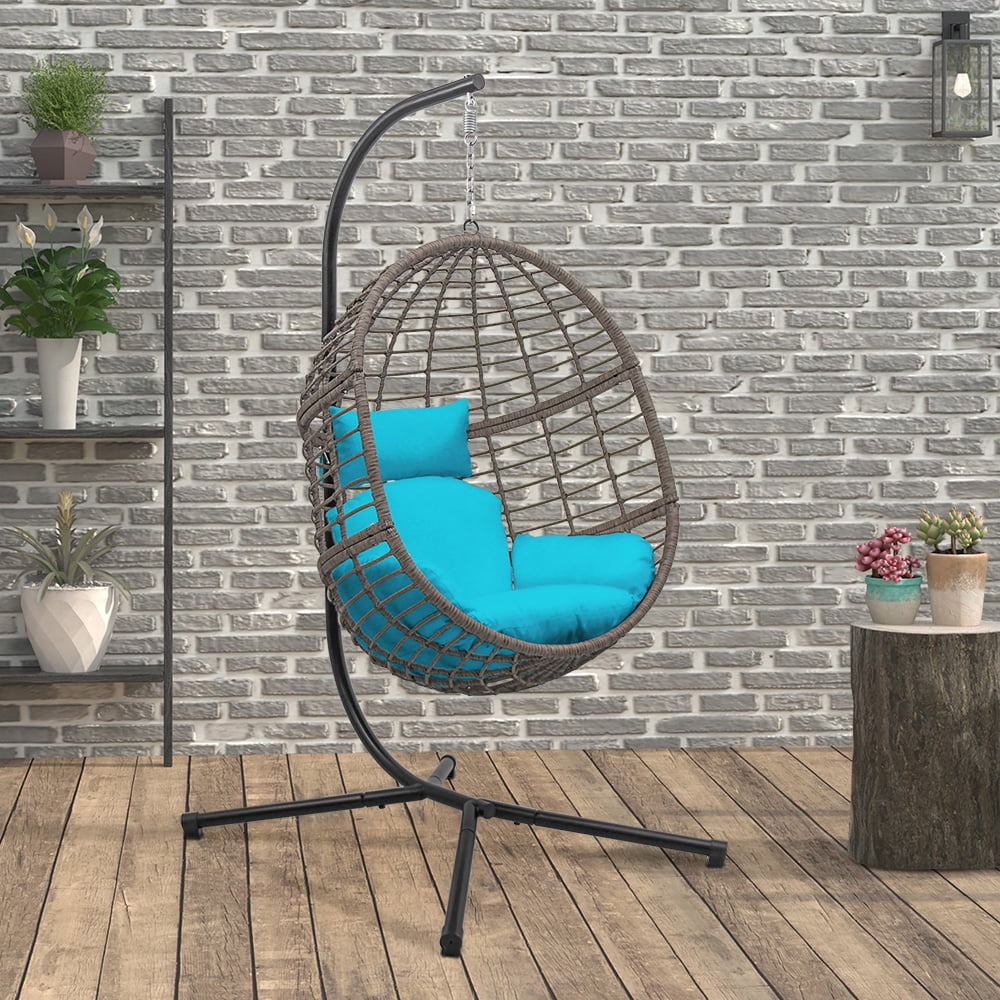 Abble Gray Wicker Hanging Swing Chair with Cushion and Stand - Aqua ...