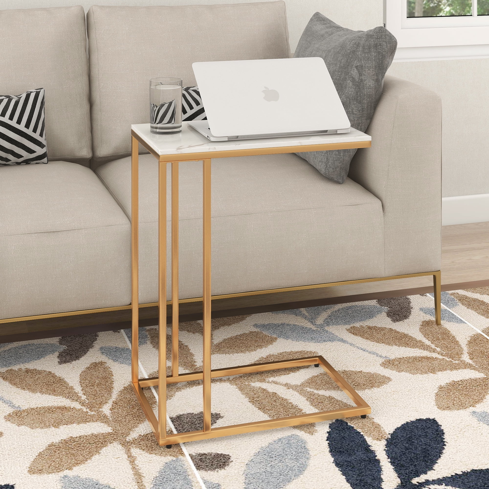 Abble Marble Top C-Table Accent Side End Table with Gold Metal Base ...