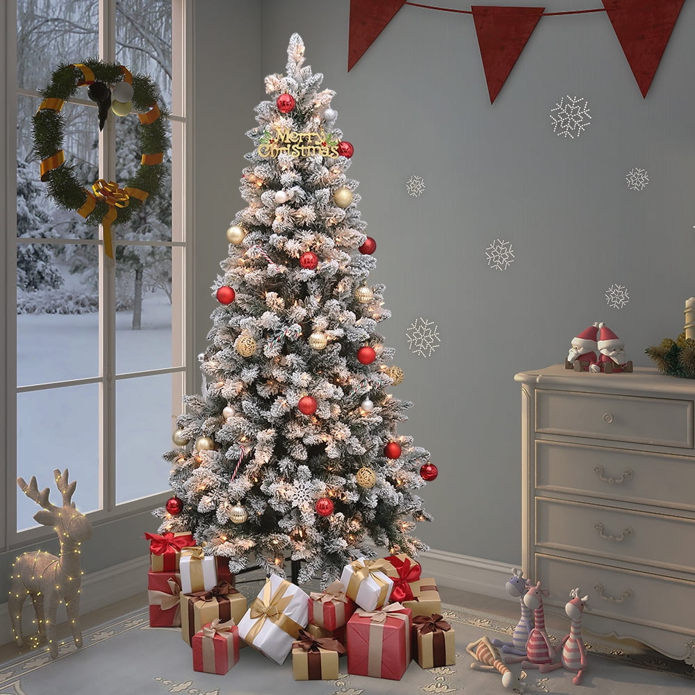 Abble Prelit Lighted Flocked White/Clear Spruce Artificial Christmas ...