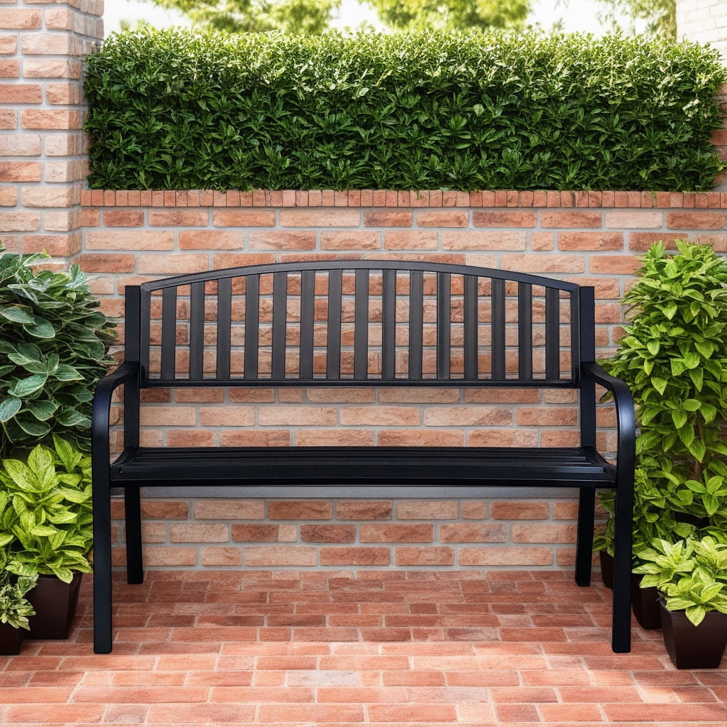 Abble High Back Outdoor Metal Garden Bench Steel Slat Patio Loveseat ...