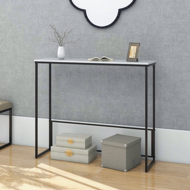 Abble White Quartz Stone Table Top Narrow Console Table with Black Sled ...