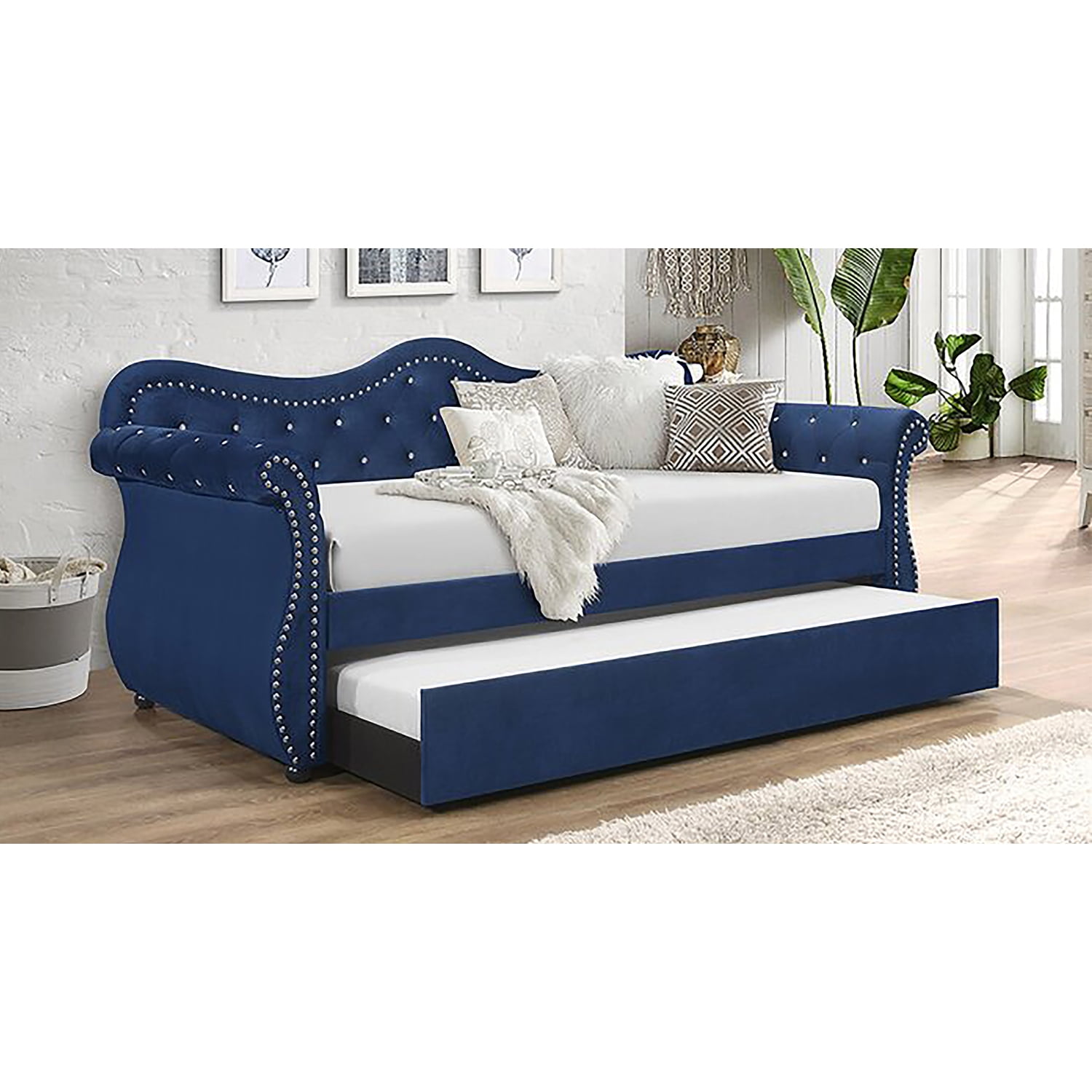 Abby Twin Size Tufted Velvet Daybed with Trundle in Blue - Walmart.com