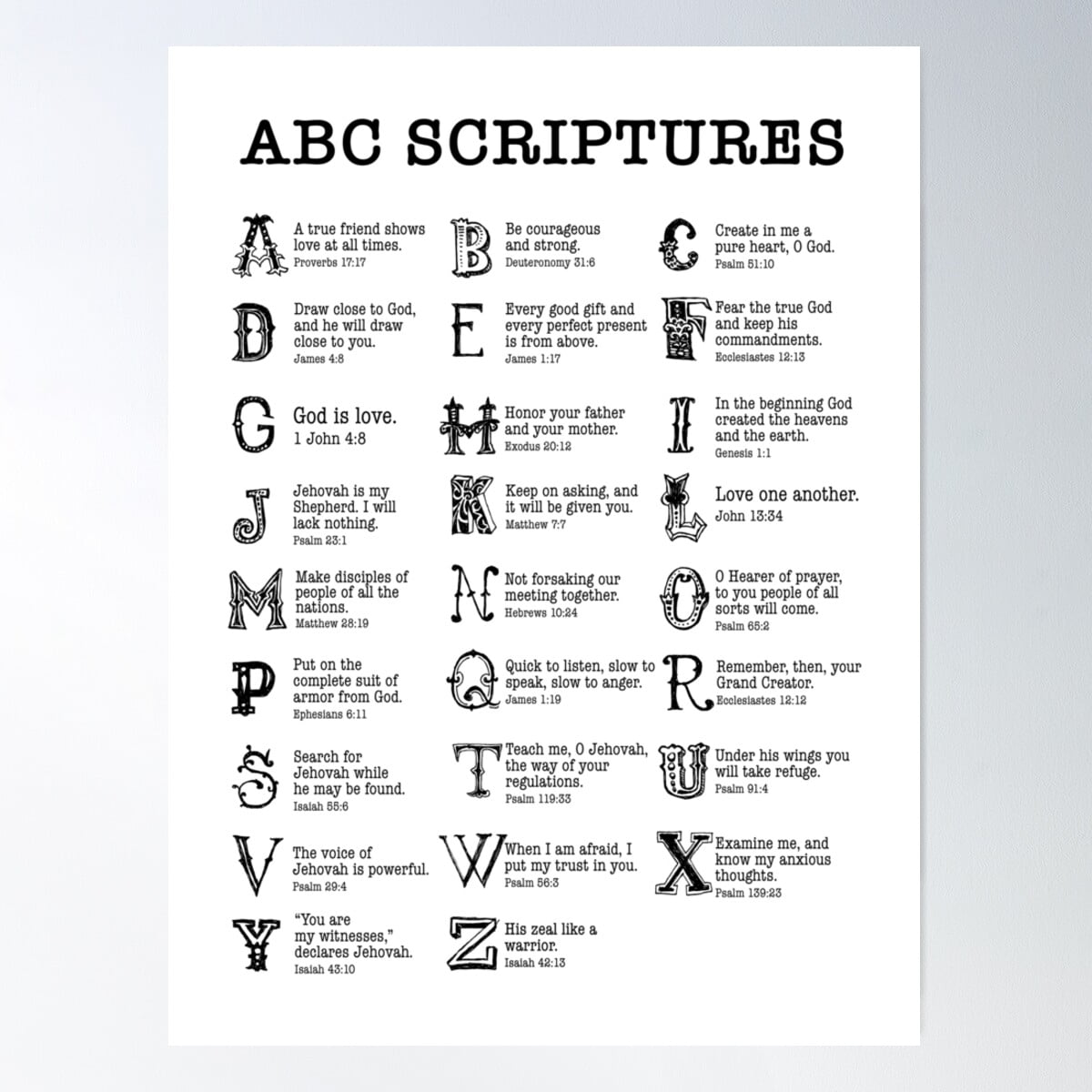 Abc Scriptures (Black & White) Poster Wall Art, Modern Wall Decor For ...