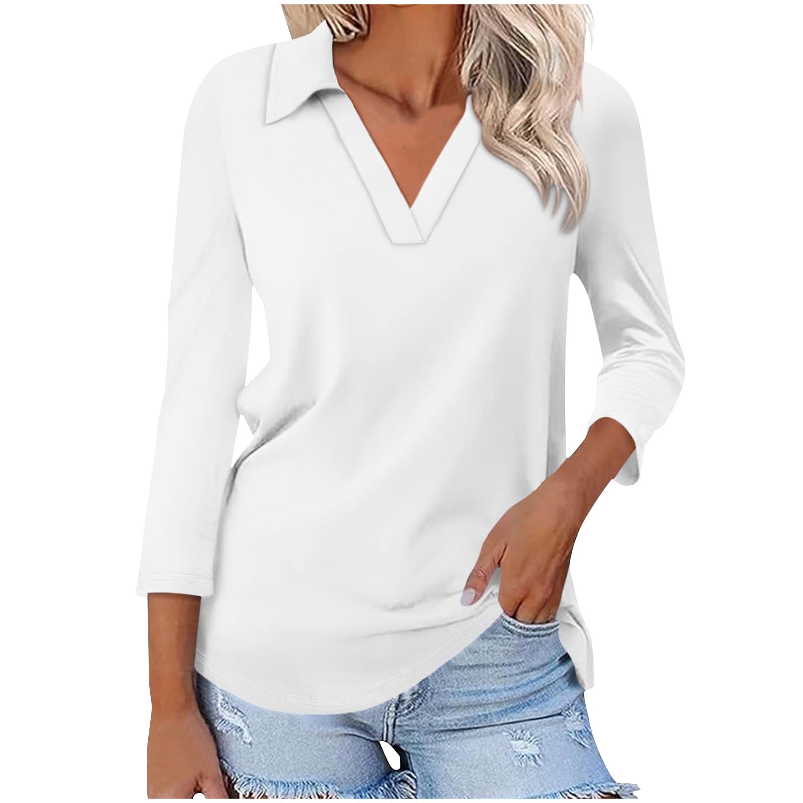 KUKOOSONG Women 3/4 Sleeve V Neck Polo Shirts Business Casual Collared ...