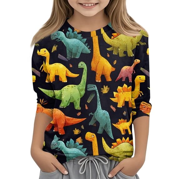 Abcomgle 3/4 Sleeve Shirts for Girls 7-8 Trendy Dinosaur Graphic ...