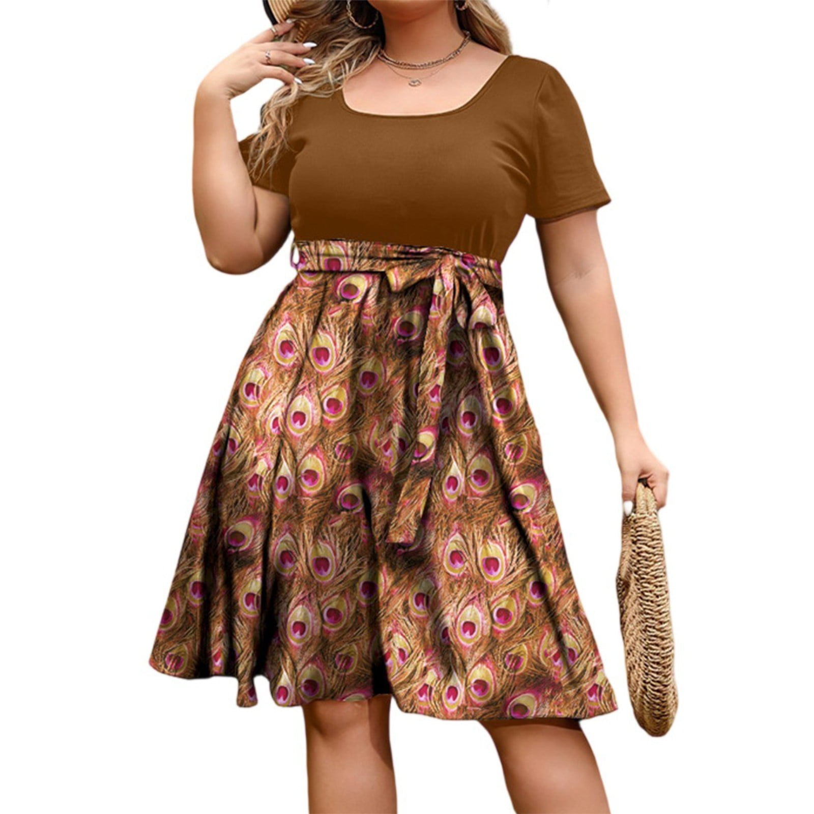 Abcomgle 4x Dress for Women Plus Size Casual Empire Waist Belted ...