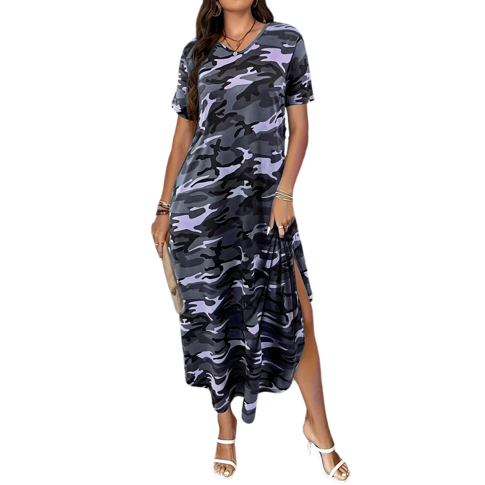 Abcomgle Camouflage Dress for Women Casual V Neck Short Sleeve Long ...