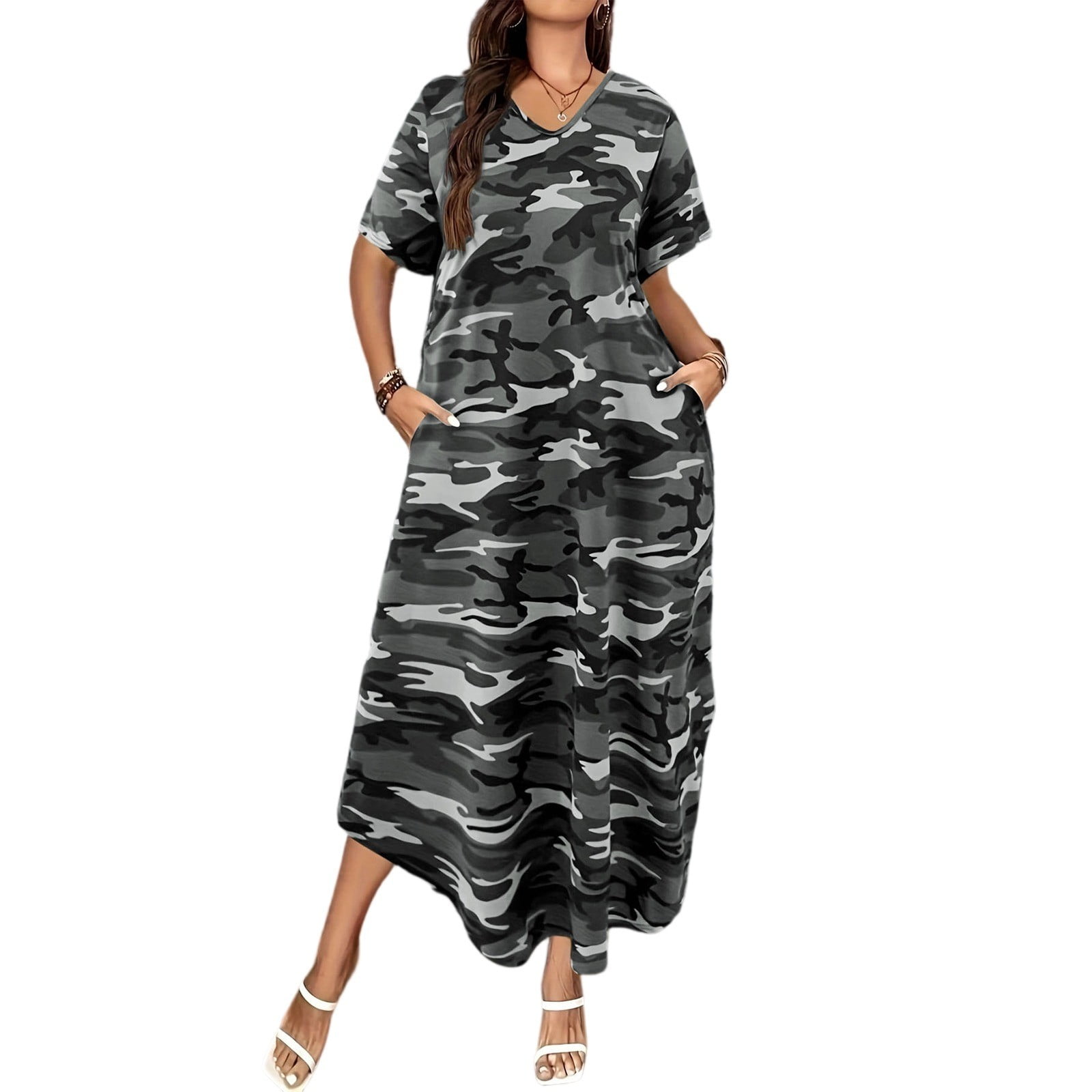 Abcomgle Camouflage Dress for Women Plus Szie Casual V Neck Short Sleeve Maxi Dresses Camo ...
