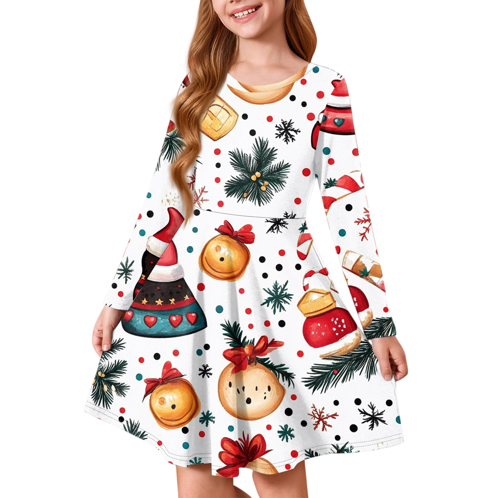 Abcomgle Christmas Dresses for Girls 10-12 Cute A-Line Long Sleeve Midi ...