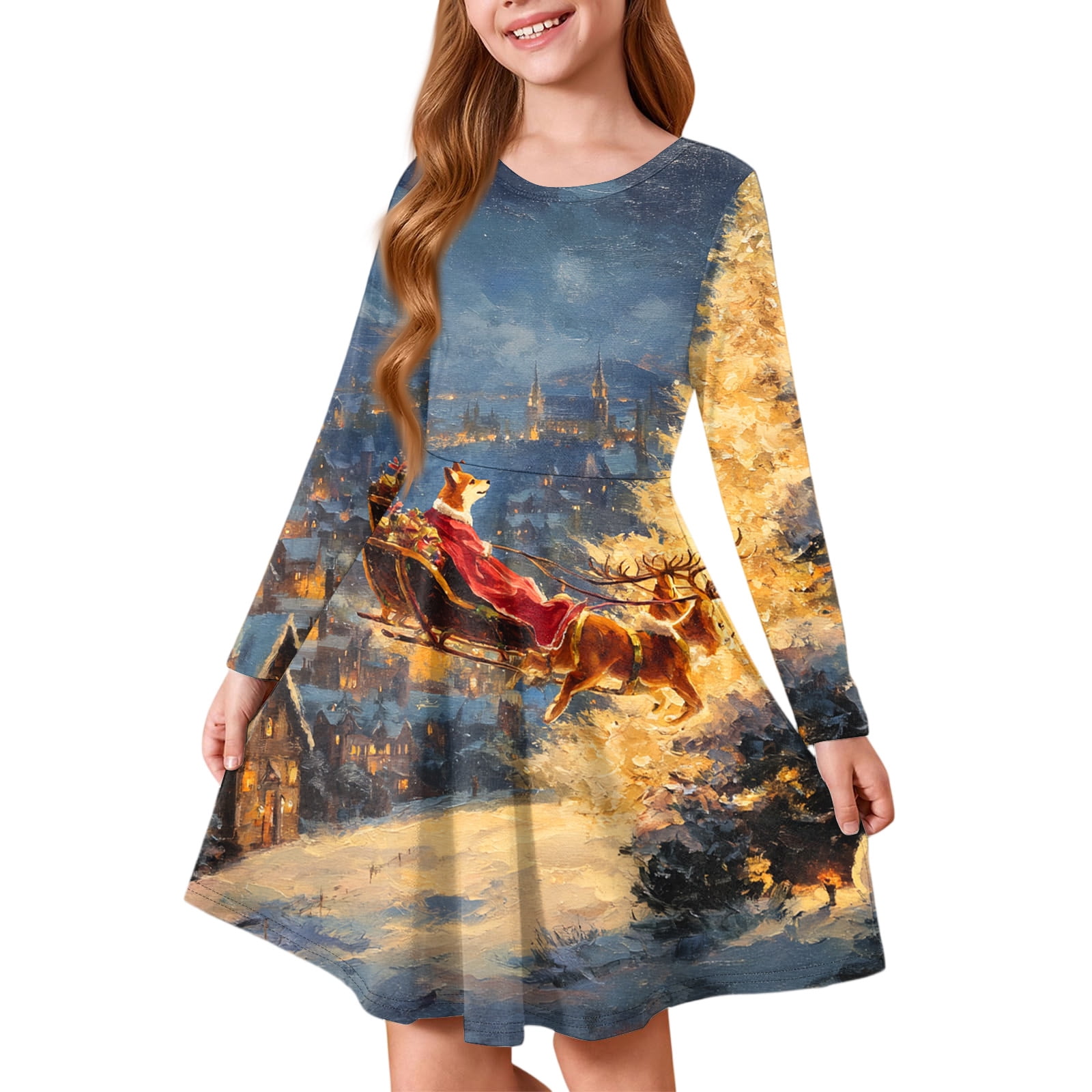 Abcomgle Christmas Dresses for Girls 10-12 Cute A-Line Long Sleeve Midi ...