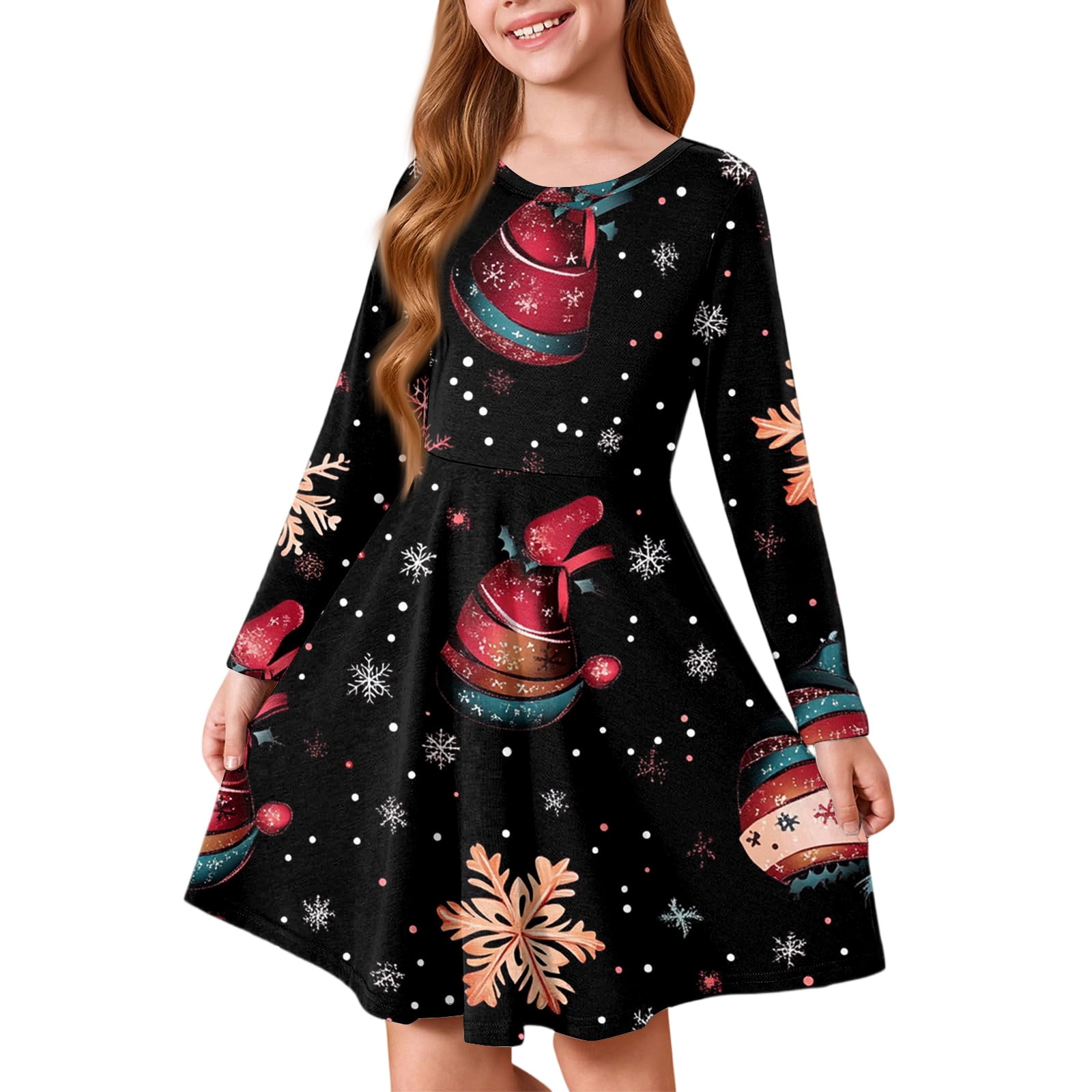 Abcomgle Christmas Dresses for Girls 10-12 Cute A-Line Long Sleeve Midi ...